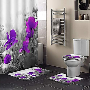 4 Pieces Bathroom Shower Curtain with Mats Set Purple Poppy Floral Grey Botanical Back,Non-slip Bath Rugs Toilet Lid Cover and U-shaped Carpet,Elegant Flower Watercolor Doormats Waterproof Curtains