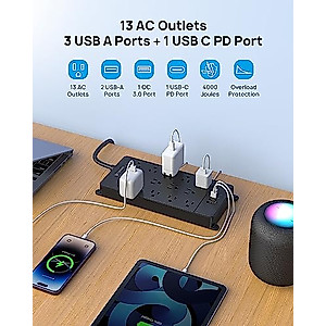 TROND Surge Protector Power Strip, Flat Plug Power Strip with 20W USB C & QC 3.0 Charger, 4000J, ETL Listed, 13 Wide Spaced Outlets 4 USB Ports, 5ft Extension Cord, Wall Mount for Home Office Supplies