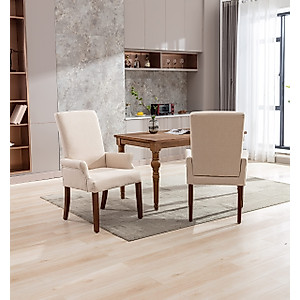Restworld Dining Room Chairs with Arms,Tufted Upholstered High Back Nailed Trim with Untique Oak Wood Legs for Kitchen Restaurant Room Bedroom (Ivory, SingleA)