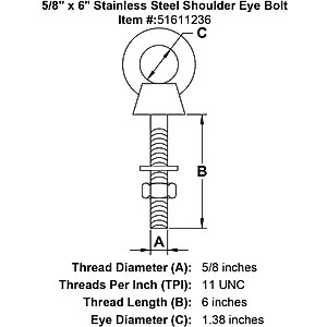E-Rigging 5/8" x 6" Stainless Steel Shoulder Eye Bolt, Threaded Lifting Ring, Marine Grade, Type 316 Stainless Steel Eye Hook for Railings, Outdoor Lighting, DIY Projects, Docks and Boats