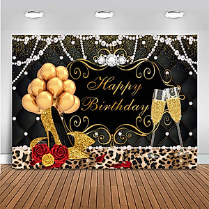 Mocsicka Gold High Heels Birthday Backdrop Pearl Leopard Red Rose Birthday Party Banner for Women Gold Glitter 21st 30th 40th 50th 60th Birthday Party Decoration (8x6ft(96x72 inch))