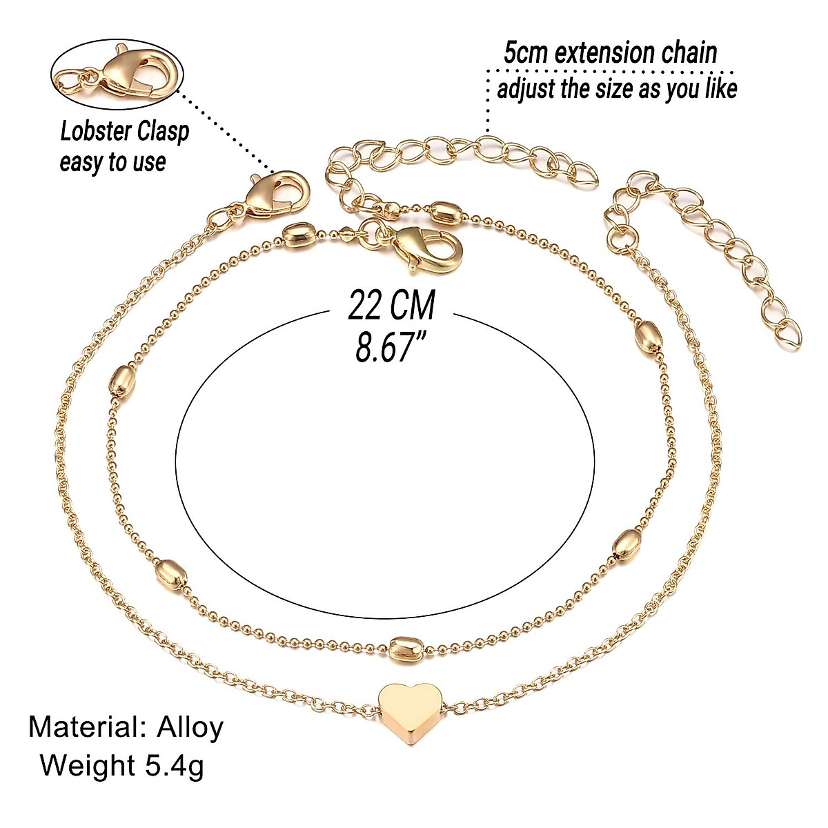 Fesciory Women Anklet Adjustable Beach Ankle Chain Gold Alloy Foot Chain Bracelet Jewelry Gift (Heart)