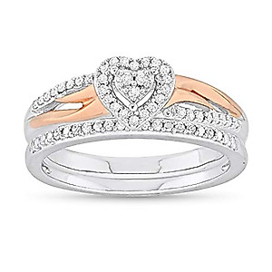 14K Rose Gold Plated .925 Sterling Silver 1/5 Cttw Diamond Heart Halo Engagement Ring and Wedding Band Bridal Set (H-I Color, I1-I2 Clarity) - Size 9