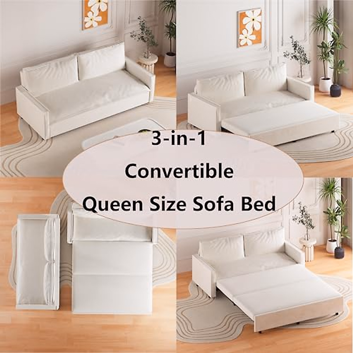 Eafurn Loveseat Sleeper, Beige Velet 63.8" Queen with USB Port