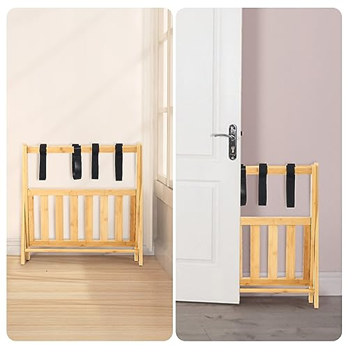 ALAPUR 2 Pack Bamboo Luggage Rack for Guest Room, Folding Luggage Holder with Storage Shelf , Suitcase Stand for Bedroom,Guest Room,Hotel