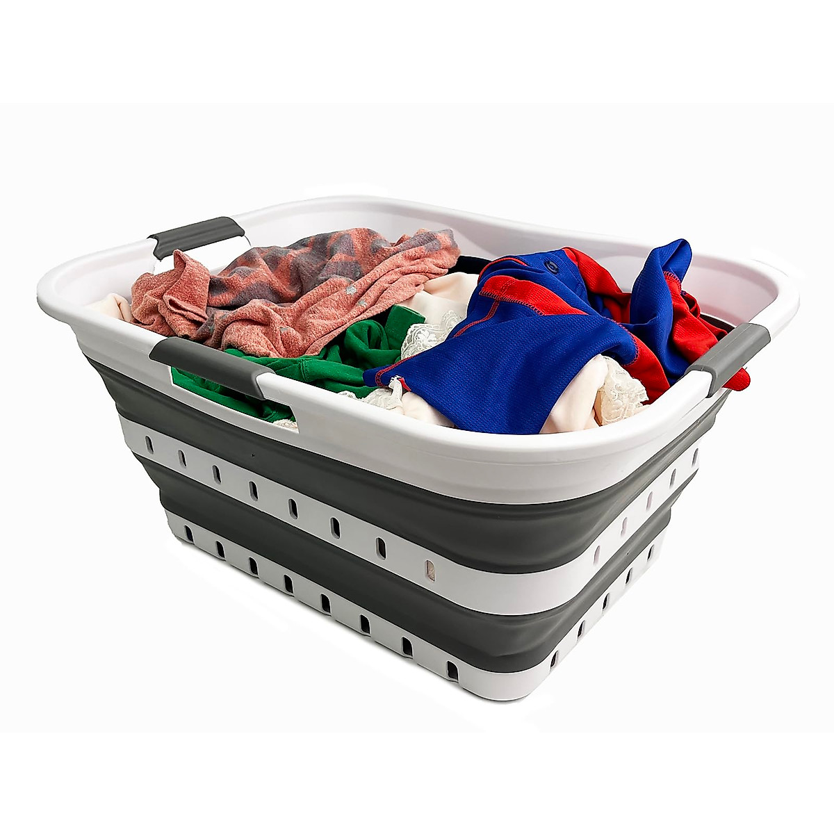 SAMMART Collapsible Plastic Rectangular Laundry Basket - Foldable Pop Up Storage Container/Organizer - Portable Laundry Hamper - Space Saving (White/Steel Grey, 42L)
