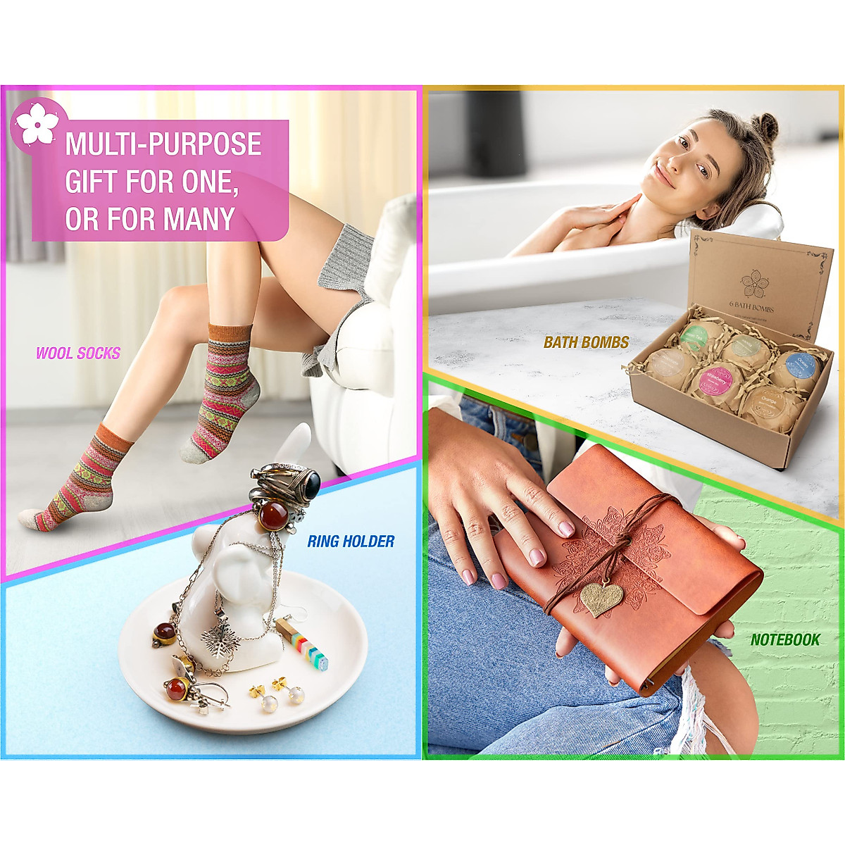 Best Cozy Gifts for Women, 3 Pairs of Warm and Cozy Socks, Includes 6 Relaxation Bath Bombs, Beautiful Leather Journal, Elegant Elephant Ring Holder, Trendy Scarf/Simply The Best Gifts for Women