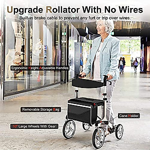 Healconnex Luxury Rollator Walkers for Seniors-Bulit-in Cable Rollator Walker with Seat, 10"Large Wheels,Aluminium Lightweight Senior Walker with Soft Rubber Handle,Padded Seat and Backrest