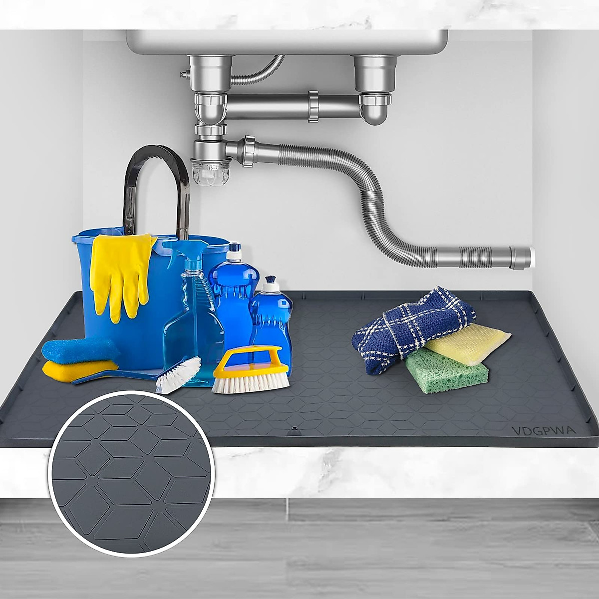 VDGPWA 34" x 22" Silicone Under Sink Mat, Waterproof Cabinet Protector & Drip Tray Liner for Bathroom Kitchen Gray