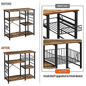 Yaheetech 4-Tier Kitchen Baker's Rack, Coffee Bar Microwave Stand Cart with Wire Basket & 6 Side Hooks, Kitchen Organizer Shelf for Spices/Utensils Foods, Rustic Brown