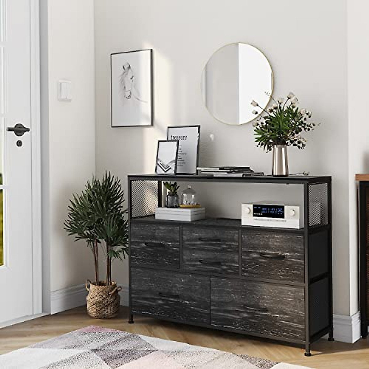 Simoretus TV Stand with Power Outlet and Fabric Drawers Entertainment Center for TV up to 45 inch Industrial Open Storage Shelf Media Console Dresser for Living Room Bedroom Charcoal Black