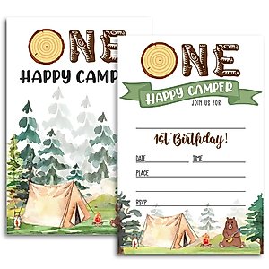 FujLoy Happy Camper Invitation, One Happy Camper Birthday Invitation, Camper Party Invitations cards.（069）