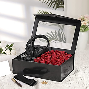 PACKQUEEN Large Black Gift Box with Window, 13.5x9x4.1 Inches Clear Gift Box for Present Contains Ribbon, Card, Groomsman Proposal Box, Extra Large Gift Box with Magnetic Lid (Glossy Black)