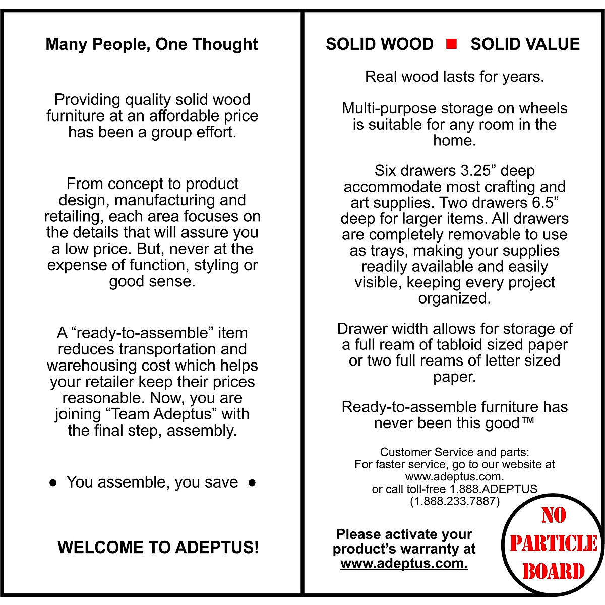 Adeptus Original Roll Cart, Solid Wood, 6+2 Drawer Extra Wide Drawers Roll Carts, Black