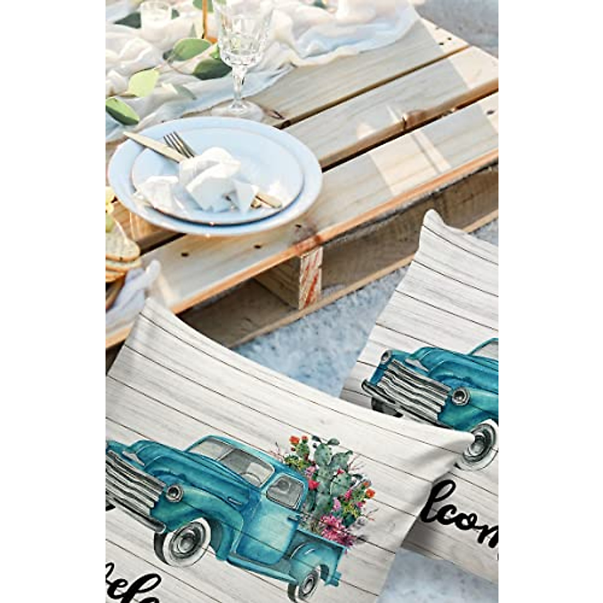 Outdoor Waterproof Pillow Covers for Patio Furniture Cactus with Blue Truck Decorative Throw Pillow Cover Tropical Plants Wood Grain Pillowcases Set of 2 Cushion Case for Sofa Couch Chair 18 x 18 in