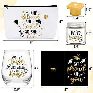 Levfla Graduation Gifts Set, Congratulations Present Box for Her Girl Women College Student with Pre-Packed Wine Glass Grad Cap Bath Bomb Makeup Bag Candle Card Black Gold