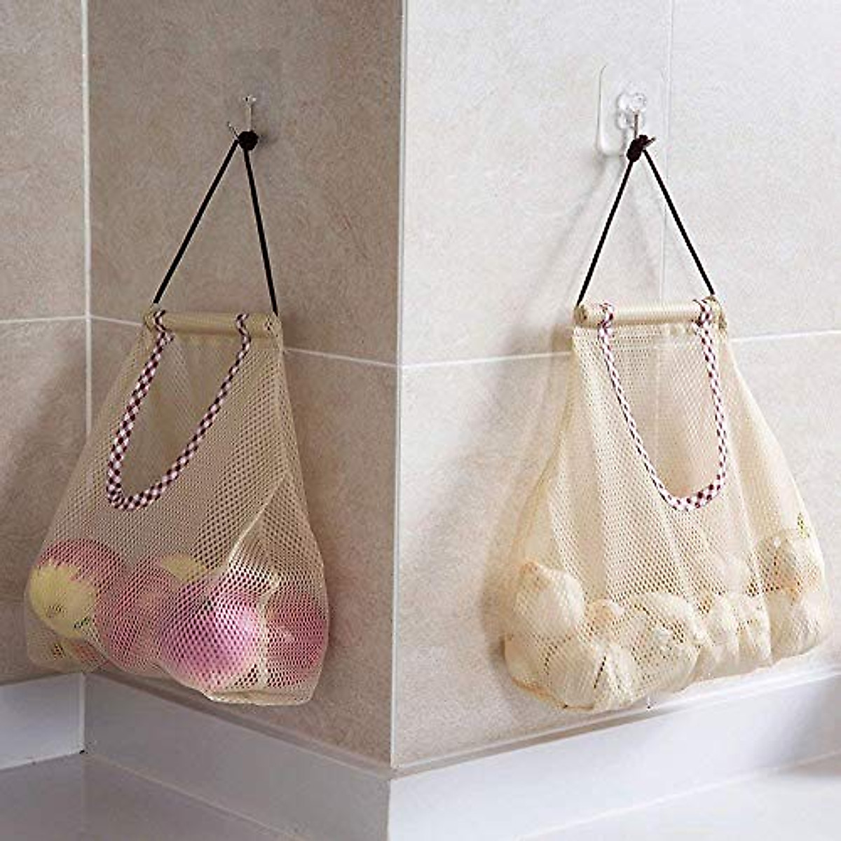 5 PCS Hanging BagHollow Reusable Storage Mesh Bag Vegetable Bag for Fruit,Garlics,Potatoes,Onions Breathable Mesh Bag