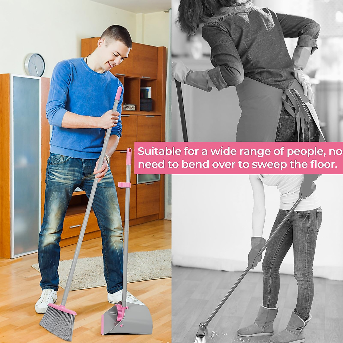 Pink Broom with Dustpan Combo Set，52" Brooms for Sweeping Indoor Broom and Dustpan Set for Home Kitchen Office Lobby Floor Standing Dust Pan