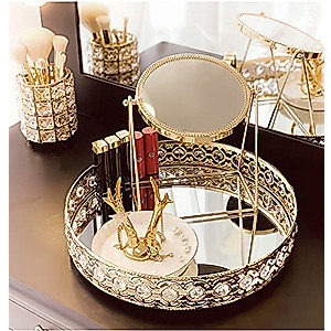ELLDOO Crystal Mirror Vanity Tray - 9.8" Round Jewelry Trinket Tray Gold Decorative Tray for Dresser Glass Makeup Tray Bathroom Tray Storage Perfume Organizer for Bedroom