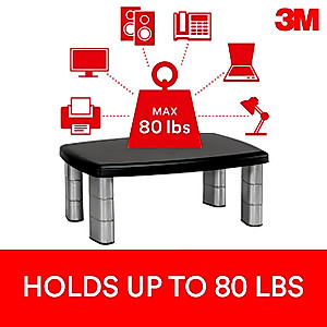 3M Adjustable Monitor Stand Riser, Three Leg Segments Simply Adjust Height, Sturdy Platform Holds Up to 80 lbs for Monitors, Laptops, and Printers, Space for Storage Underneath, Silver/Black (MS80B)