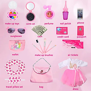 18 Inch American Doll Clothes and Accessories, Travel Play Sets for 18 Inch American Doll Stuff with Doll Clothes, Bag, Travel Pillow, Wallet and Doll Pretend Makeup Girl Toys Gifts