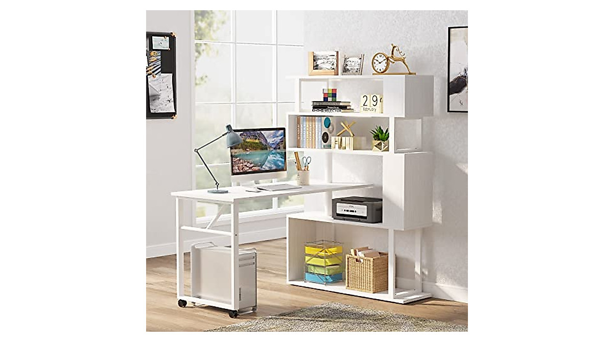 Tribesigns Rotating L-Shaped Desk with Shelves | Modern Home Office ...