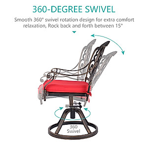 TITIMO 5-Piece Outdoor Dining Patio Set, All-Weather Cast Aluminum Furniture Set Includes 4 Swivel Rocker Chairs with Cushions and 35.4" Square Table with Umbrella Hole for Yard Garden Deck (Red)