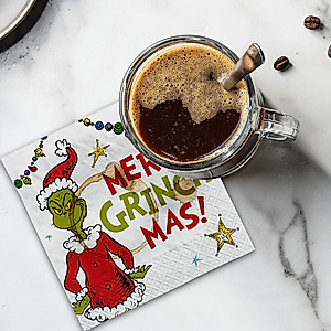 Multicolor Traditional Grinch Merry Grinchmas Beverage Napkins - 5"x5" (Pack of 16) - Unique Whimsical Design, Delight Your Guests - Perfect for Christmas Parties