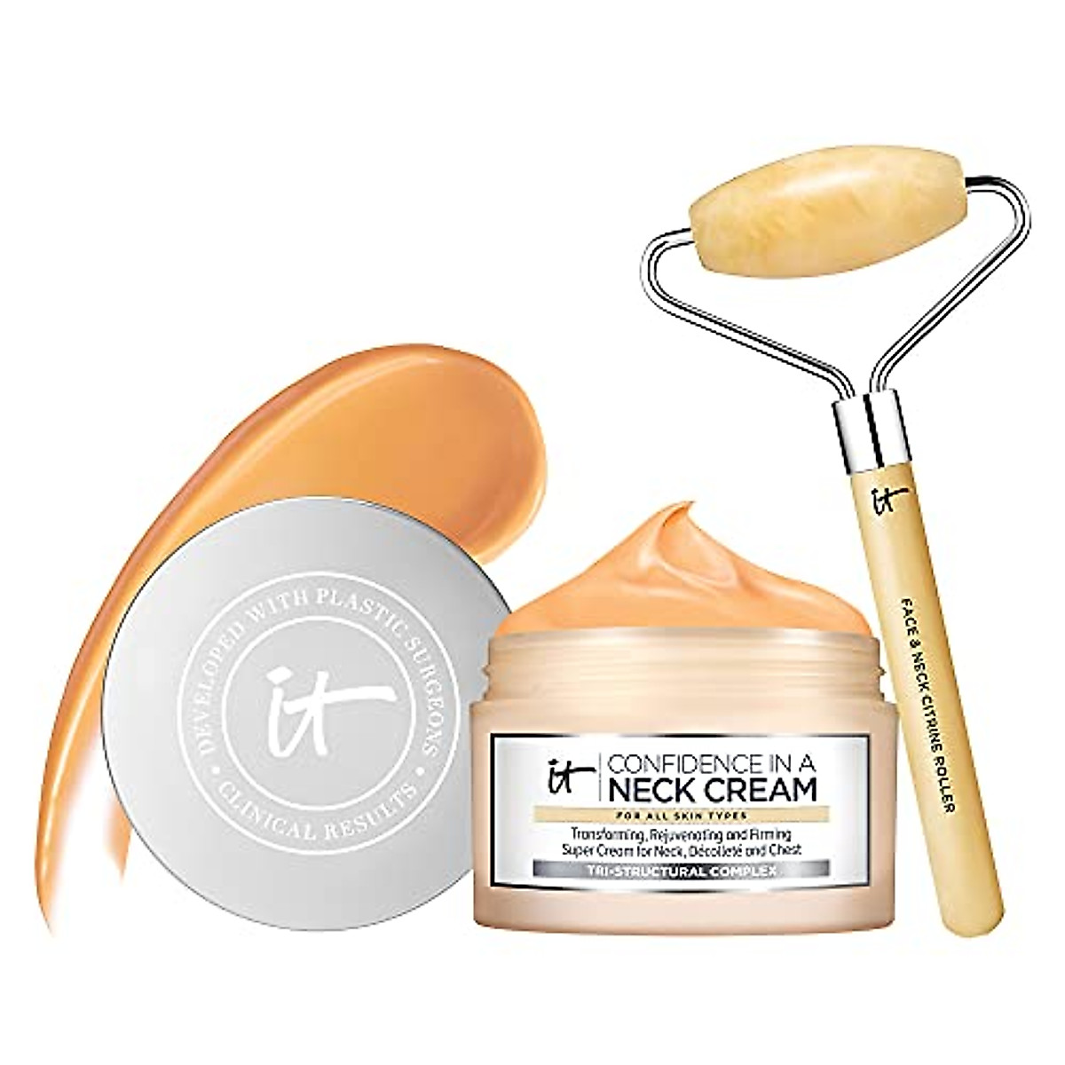 IT Cosmetics Smooth & Tighten Skincare Set - Includes Confidence in a Neck Cream (2.6 oz) + Heavenly Luxe Neck & Face Roller - Firming Moisturizer - with Elastin, Collagen & Hyaluronic Acid