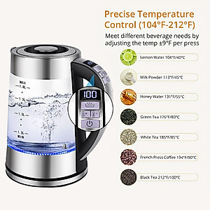 CHEFESS Electric Glass Kettle, 1.8 L / 60.8 oz Tea Kettle with 12 Temperature Control and Tea Infuser, up to 24-Hour Keep Warm, Stainless Steel Lid & Strainer, Hot Water Boiler for Coffee, Tea