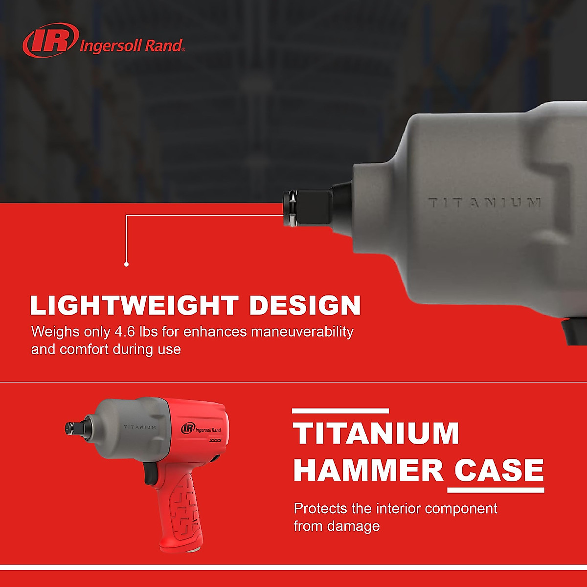 Ingersoll Rand 2235TiMAX-R 1/2" Drive Air Impact Wrench, Lightweight 4.6 lb Design, Powerful Torque Output up to 1,350 ft-lbs, Titanium Hammer Case, Max Control, Red
