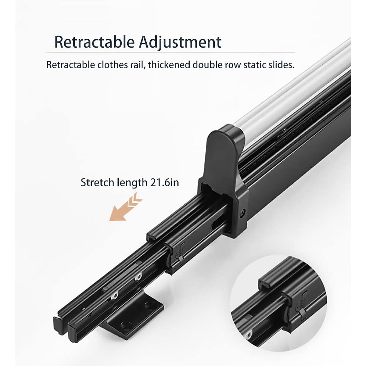 NERILEE 21.6" Heavy Duty Pull-Out Closet Valet Rod Adjustable Wardrobe Clothing Rail Top Mount Wardrobe Hanger Rack Bar Ball Bearing Slide