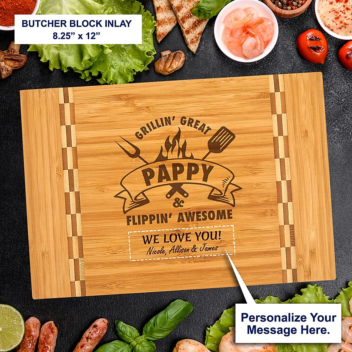 Pappy Gift–PERSONALIZED Bamboo Cutting Board Custom Engraved Grillin Great Flippin Awesome Fathers Day Birthday Christmas Gift Best Pappy Ever Papa Poppop Gifts from Grandkids Grandchildren (8.25x12)