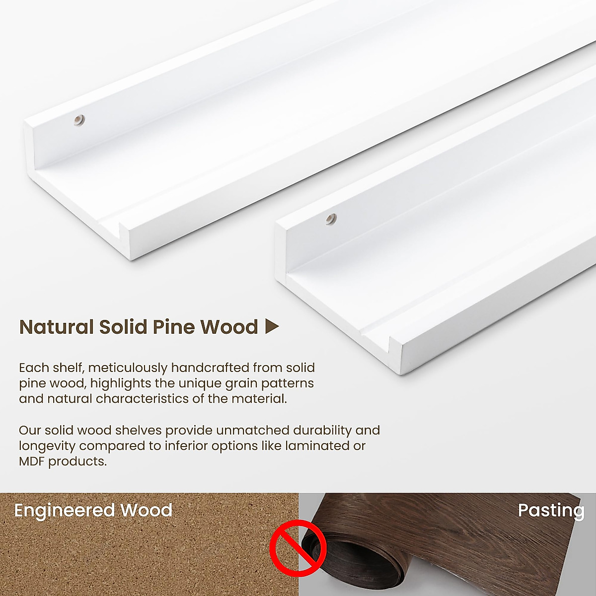 Picture Ledge Shelf, Pine Wood Floating Shelves Set of 2, 24 inch Nursery Book Shelves, Photo Ledge Book Shelves Wall Mounted for Living Room Kids' Room Bedroom - White