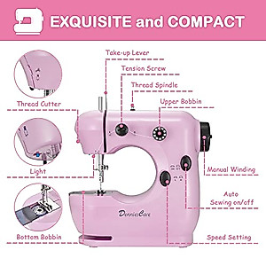 DenniesCare Mini Sewing Machine Handheld Sewing Machine for Beginners Sowing Machine with Extension Table Light Sewing Kit Sewing Products Cherry Blossom Pink