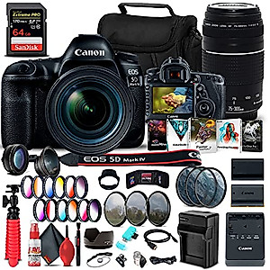 Canon EOS 5D Mark IV DSLR Camera with 24-70mm f/4L Lens (1483C018) + Canon EF 75-300mm f/4-5.6 III Lens (6473A003) + 64GB Memory Card + Color Filter Kit + Filter Kit + LPE6 Battery + More (Renewed)