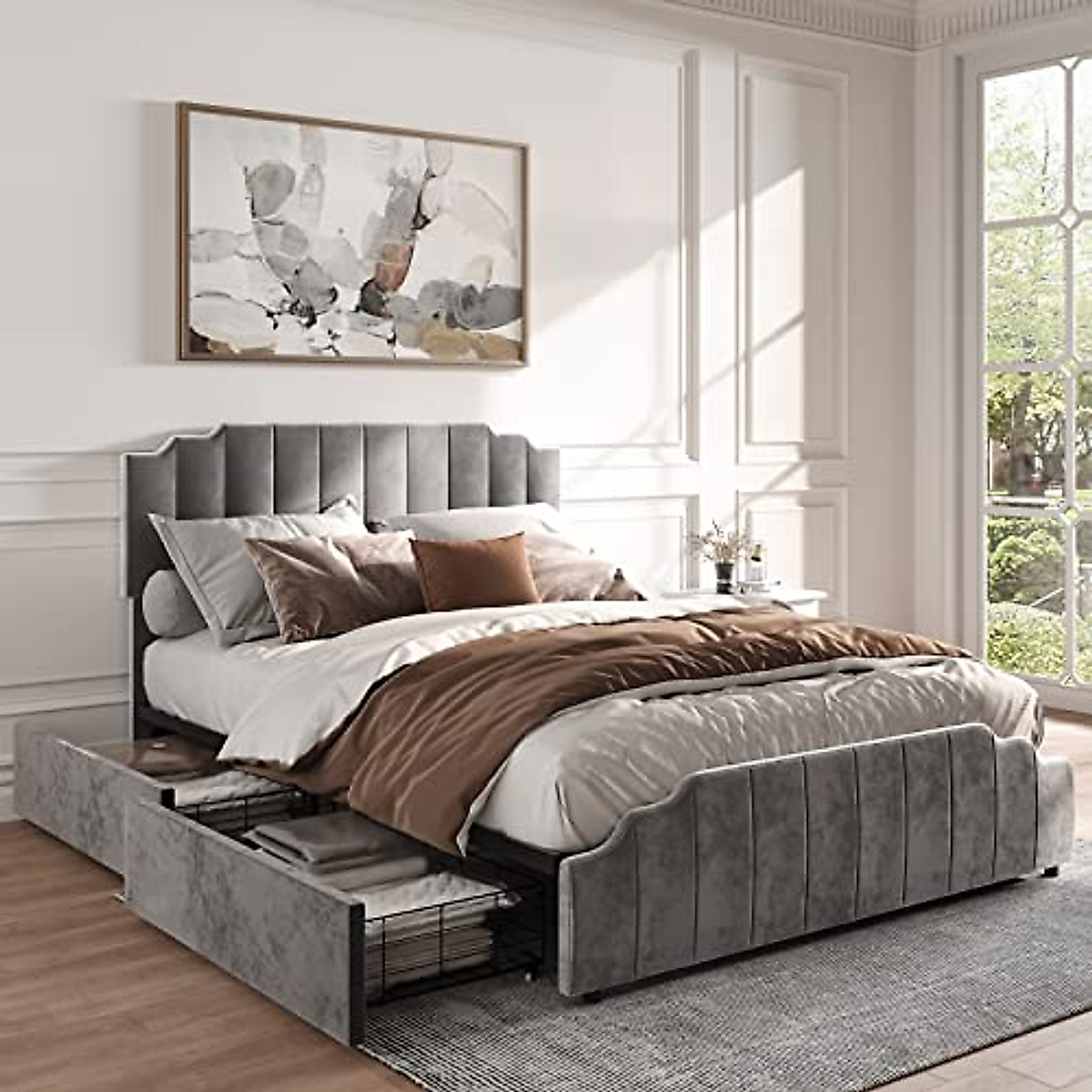 PaPaJet Queen Platform Bed Frame with 4 Storage Drawers Curved Upholstered Velvet Bed Frame with Adjustable Headboard, Wood Slat Support, No Box Spring Required, Mattress Foundation, Dark Grey
