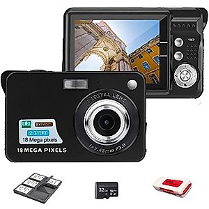 eDealz 18MP Megapixel Digital Camera Kit with 2.7" LCD Screen, Rechargeable Battery, 32GB SD Card, Card Holder, Card Reader, HD Photo & Video for Indoor, Outdoor Photography for Adults, Kids (Black)