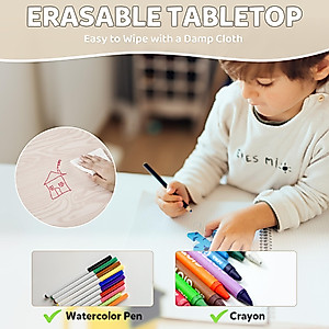 CuFun Kids Table and Chairs Set, Height-Adjustable Toddler Table and Chairs Set for Age 3-8, 31.5''Lx23.6''W Graffiti Desktop, Kids Activity Table for Daycare, Classroom, Home (Natural-Wood, 4 Chairs)