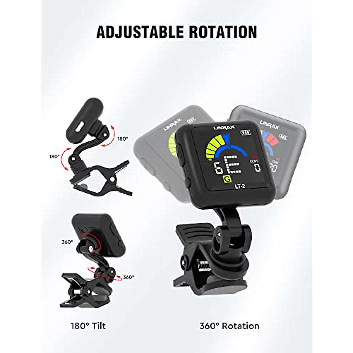 Linrax LT-2 Guitar Tuner Rechargeable Clip On Tuner for Guitar, Bass, Ukulele, Violin, Banjo, Chromatic Tuner with LCD Color Display, Digital Tuner for Stringed Instruments, Guitar Accessories, Black