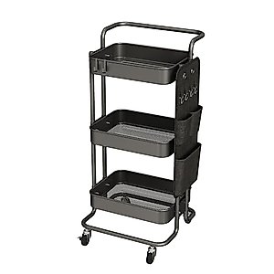 Merapi 3 Tier Metal Rolling Cart with Lockable Wheels & Side Bags, Utility Cart for Teachers, Rolling Storage Cart, Art Craft Cart with 4 Hooks for Kitchen Bathroom Office Classroom Black