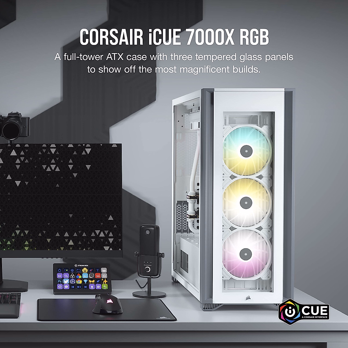 CORSAIR iCUE 7000X RGB Full-Tower ATX PC Case – Three Tempered Glass Panels – Spacious Interior – Easy Cable Management – 4x CORSAIR SP140 RGB ELITE Fans Included – White