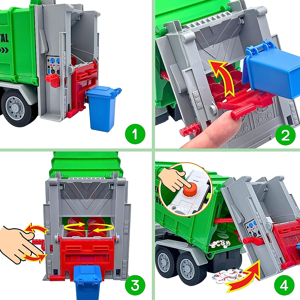 PlenPLAY Garbage Truck Toys 11 in 1 Playset - Realistic Trash Truck with 4 Trash Cans, Lifter Dumping Function, 1 Traffic Light, 4 Set Trash Cards, 1 People Figures - Toys for Boys 3+ Years Old