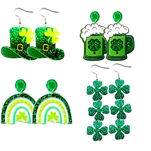 St. Patrick's Day Earrings Green Clover Hat Horseshoe Leaf Earring for Women Shamrock Dangle Earrings Funny Irish Holiday Jewelry Gift