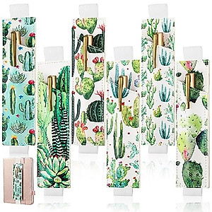 Qilery 6 Pcs Elastic Band Pen Holder for Notebook Boho Cactus Leaves Minimalist PU Leather Pen Sleeve Pouch Adjustable Pen Case for Hardcover Journals Planners Back to School Gift (Cactus)