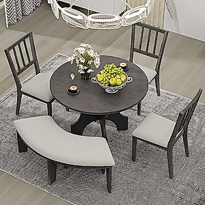 UBGO 5-Piece, Kitchen Room Sets with 44" Round Table and 3 Upholstered Dining Chairs & a Curved Bench,for 4-5 People (Grey)