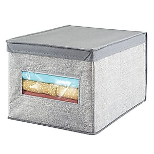 mDesign Large Fabric Stackable Closet Organizer Box with Clear Window/Lid for Bedroom, Office, Bathroom, Mudroom Organization - Shoe, Sweater, Clothes Storage, Lido Collection, 4 Pack, Gray