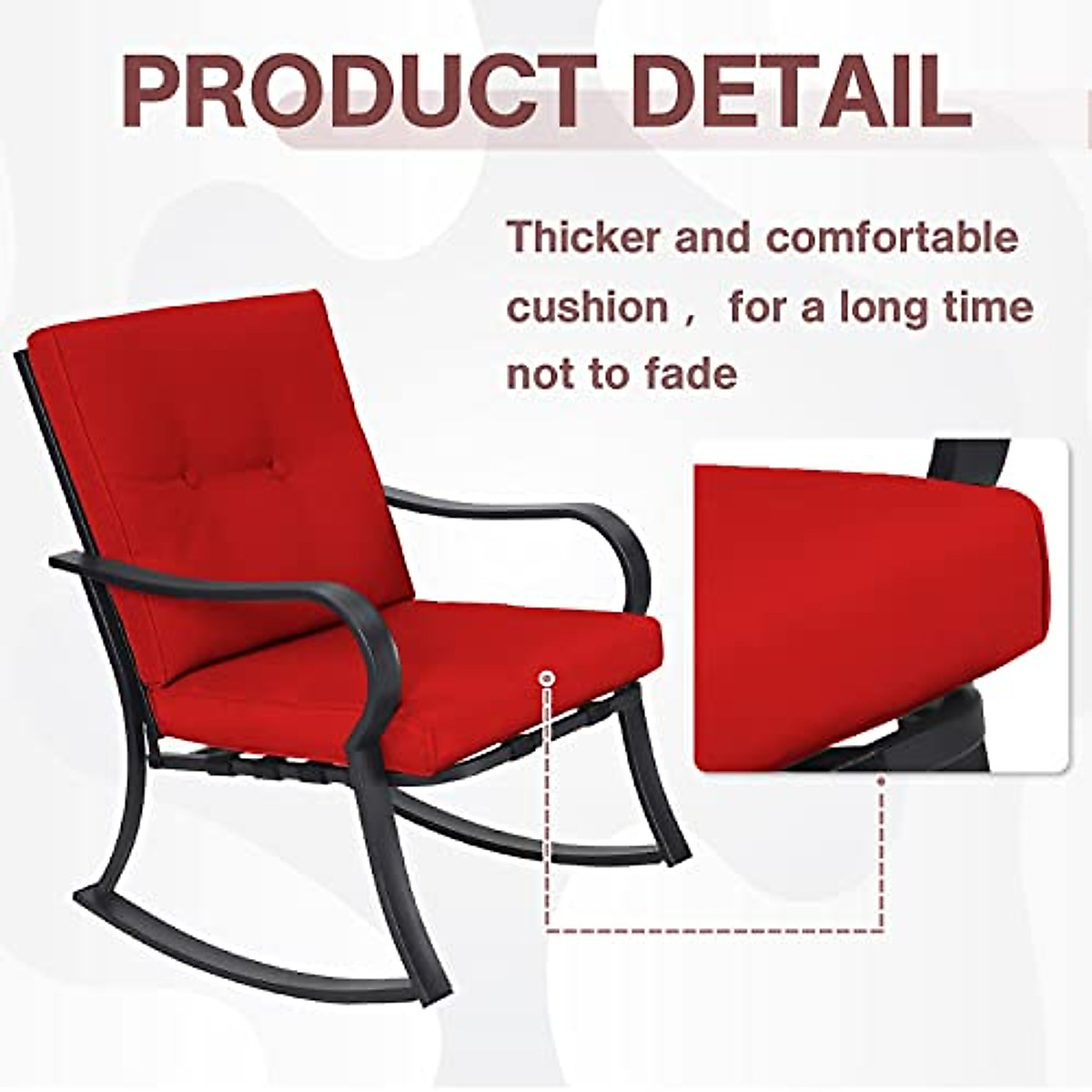 Omelaza 3 Pieces Outdoor Rocking Bistro Set, Patio Steel Furniture, Porch Chairs Conversation Set with Thickened Cushion and Glass Top Coffee Table (Red)