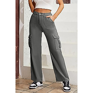 QYANGG High Waist Cargo Pants Women Stretch Baggy Cargo Pants Women Multiple Pockets Relaxed Fit Straight Wide Leg Y2K Pants Grey