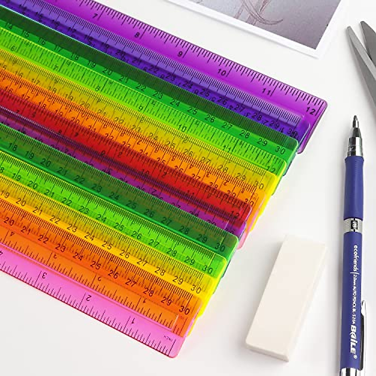 ZZTX 6 Pack Color Transparent Ruler Plastic Rulers, Metric Bulk Rulers with Inches and Centimeters, Kids Ruler for School, Home, Office, 12 Inches
